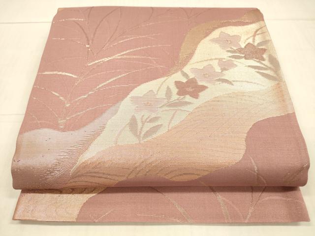 平和屋着物＊夏物　六通柄袋帯　流水草花文　金糸　正絹　逸品　DAAW4246cm