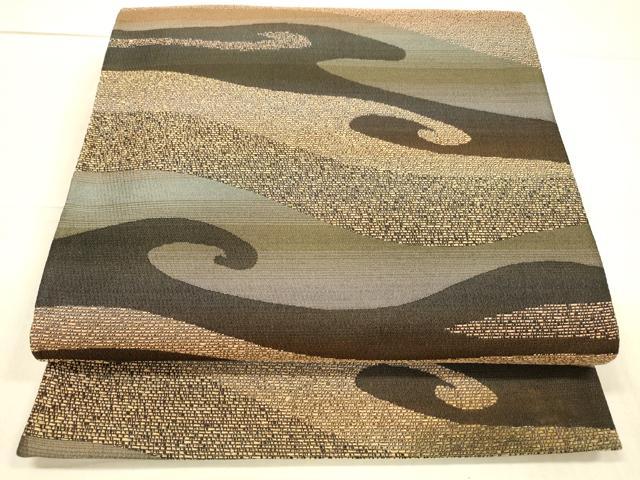 平和屋着物●全通柄袋帯　草木染　和紙紬織　流水文　金糸　正絹　逸品　DAAW4260cm