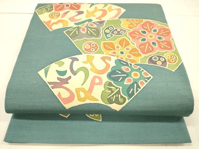 平和屋着物●太鼓柄袋帯　型染　紬地　地紙草花文　正絹　逸品　DAAW4271cm