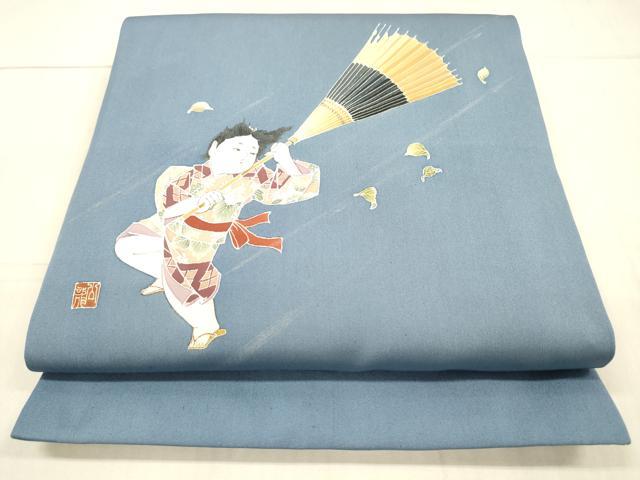 平和屋着物●小柳津公龍　塩瀬　九寸開き名古屋帯　手描き　童子番傘文　銀糸　正絹　逸品　DAAW4272cm