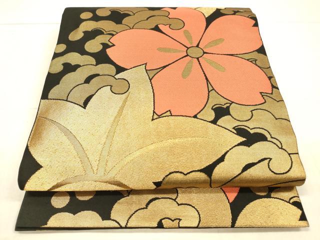 平和屋着物●織物一筋名門　織悦　全通柄　本袋帯　草花文　黒地　金糸　正絹　逸品　DAAW4291cm