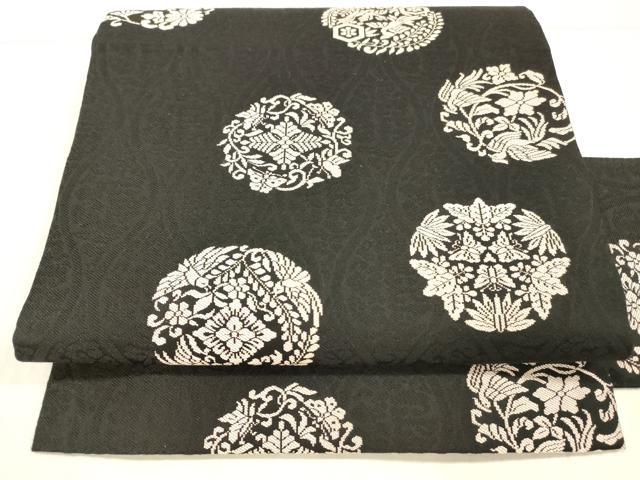 平和屋着物●九寸名古屋帯　飛鳥花蝶文　黒地　正絹　逸品　DAAW4293cm