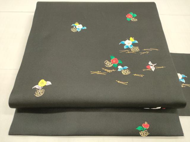 平和屋着物●九寸名古屋帯　唐織　花篭売りの声　黒地　金糸　正絹　逸品　DAAW4297cm