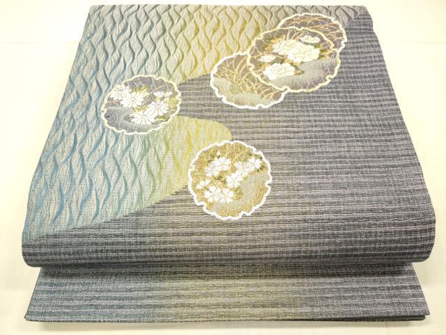 平和屋着物●両方向　太鼓柄袋帯　雪輪草花文　銀糸　正絹　逸品　DAAW4310cm