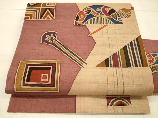 平和屋着物●九寸名古屋帯　型染　作家物　紬地　草花文　紬地　草花文　簪　正絹　逸品　DAAW4370cm