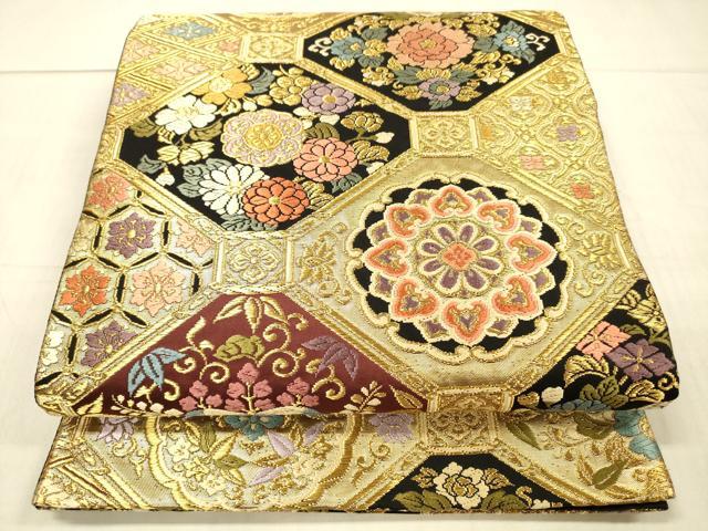 平和屋着物●六通柄袋帯　蜀江草花文　黒地　金糸　正絹　逸品　DAAW4373cm