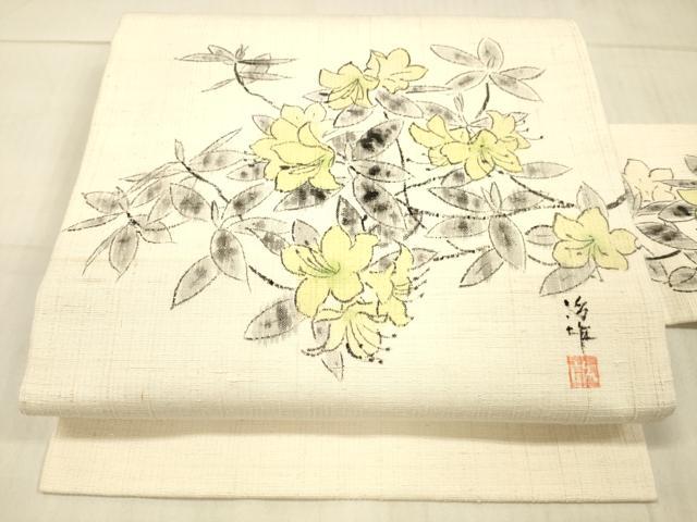 平和屋着物●九寸名古屋帯　作家物　手描き　紬地　草花文　逸品　DAAW4374cm