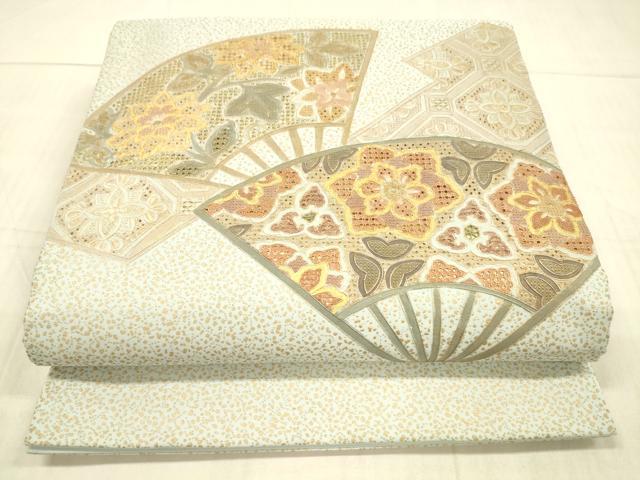 平和屋着物●中国三大刺繍　スワトウ刺繍　汕頭刺繍　太鼓柄袋帯　紬地　扇面草花文　金彩　正絹　逸品　DAAW4380cm