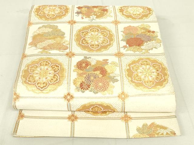 平和屋着物●六通柄袋帯　格子草花文　金糸　正絹　逸品　DAAW4442cm