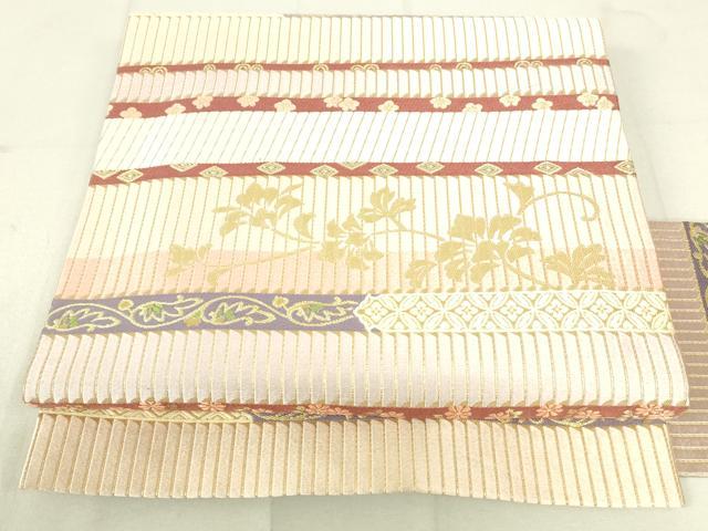 平和屋着物●九寸名古屋帯　横段草花文　金糸　ゑり善扱い　正絹　逸品　DAAW4447cm