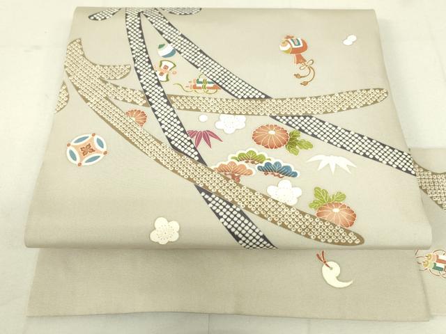 平和屋着物●塩瀬　九寸名古屋帯　作家物　宝尽くし鹿の子花文　金糸　正絹　逸品　DAAW4464cm