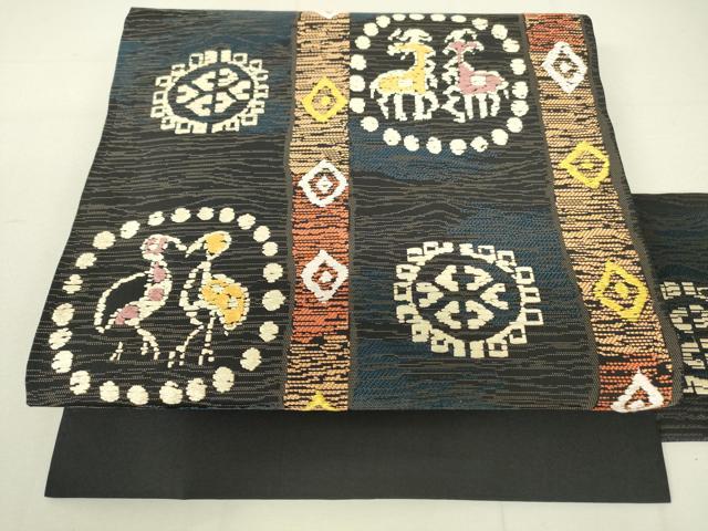 平和屋着物●九寸名古屋帯　抽象動物文　黒地　正絹　逸品　DAAW4470cm