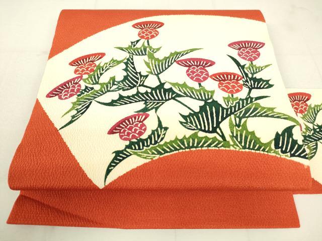 平和屋着物●和染紅型　栗山紅型　栗山吉三郎　九寸名古屋帯　型染　地紙草花文　正絹　逸品　DAAW4473cm