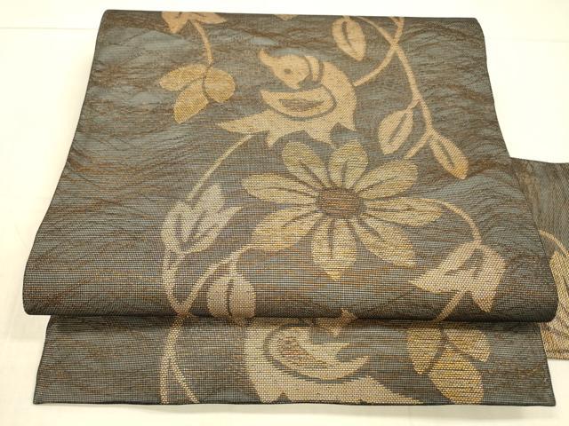 平和屋着物＊夏物　九寸名古屋帯　草花文　黒地　金糸　正絹　逸品　DAAW4500cm