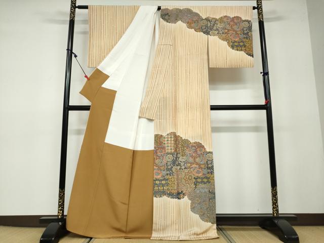 平和屋着物●染色作家　斉藤三才　無地絵羽訪問着　三才鳥　草色地　正絹　逸品　AABE0143cs 平和屋着物○染色作家 斉藤三才 無地絵羽訪問着 三才鳥 草色