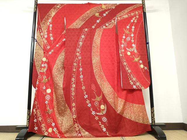 平和屋着物●豪華振袖　刺繍　飛鶴草花文　金彩　正絹　逸品　DAAW5038ud