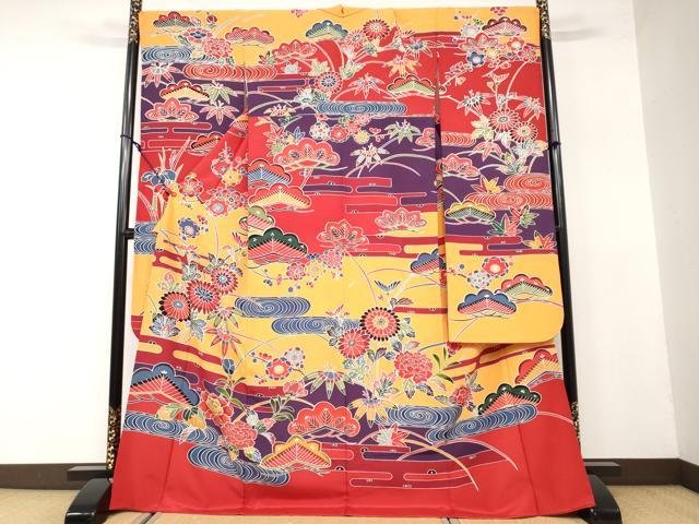 平和屋着物●豪華振袖　琉球紅型　草花文　ロング丈　正絹　逸品　DAAW5163ud