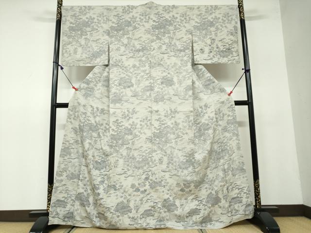 平和屋着物●訪問着　紬地　流水風景草花文　正絹　逸品　DAAW5188ud