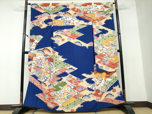 平和屋着物●豪華振袖　型染め　飛鶴風景草花文　正絹　逸品　DAAW5194ud