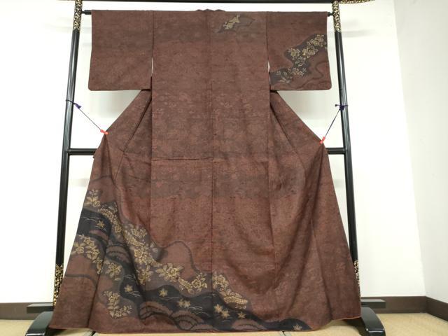 平和屋着物●訪問着　生紬　絞り　道長草花文　金彩　正絹　逸品　DAAW5260ud