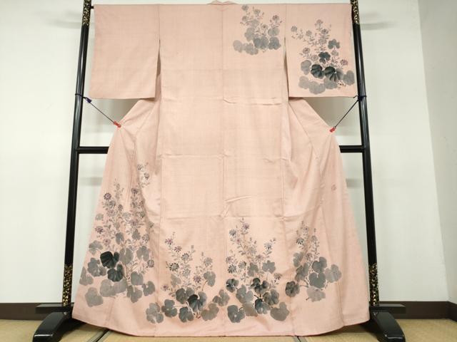 平和屋着物●訪問着　作家物　紬地　手描き　草花文　正絹　逸品　DAAW5266ud