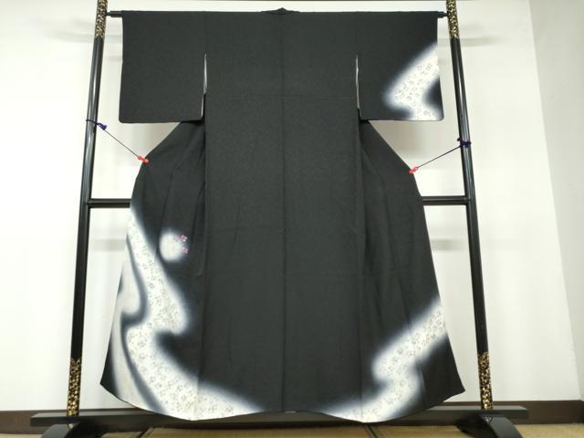 平和屋着物●訪問着　刺繍　流水舞葉文　暈し染め　黒地　正絹　逸品　DAAW5279ud