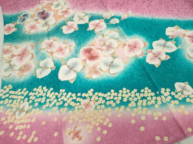 平和屋着物○「anan」ブランド 振袖 草花文 暈し染め 銀通し地 正絹