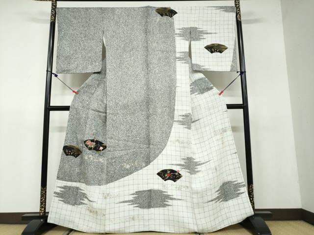 平和屋着物●訪問着　市川團十郎　地紙草花文　たたき染め　金彩　鈴乃屋扱い　正絹　逸品　DAAW5289ud