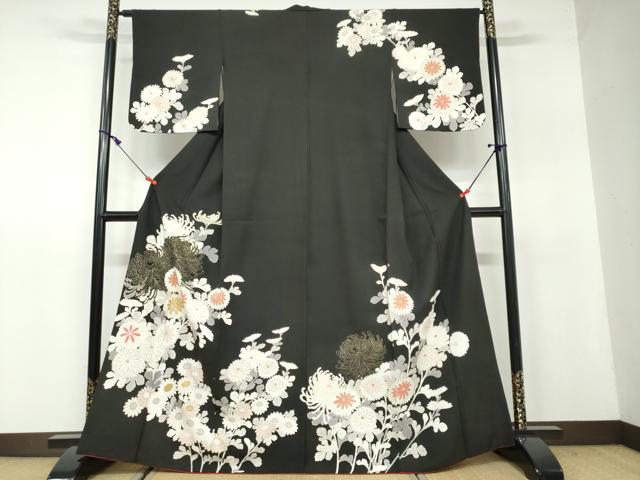 平和屋着物●訪問着　駒刺繍　草花文　黒地　金彩　正絹　逸品　DAAW5338ud
