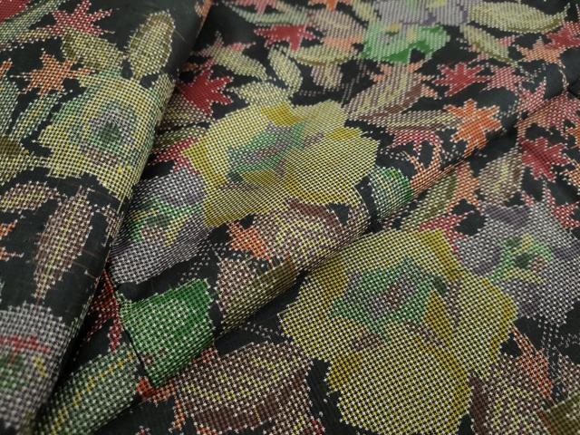 平和屋着物●本場大島紬　7マルキ　草花文　黒地　正絹　逸品　DAAW5405ud