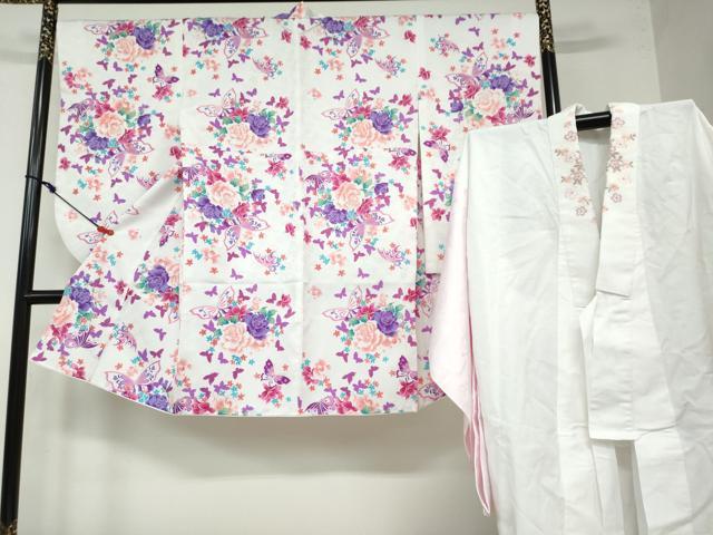 平和屋着物●小振袖　二尺袖　長襦袢（無双仕立て）セット　花蝶文　半衿刺繍　洗える着物　DAAW5574ud