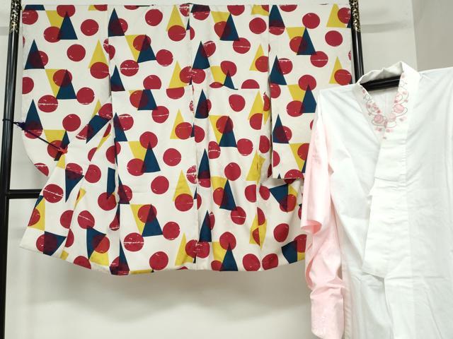 平和屋着物●小振袖　二尺袖　長襦袢（無双仕立て）セット　幾何学文様　半衿刺繍　洗える着物　DAAW5575ud