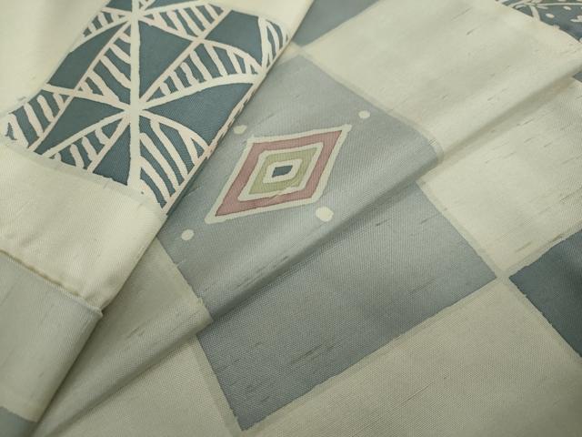 平和屋着物●極上　石川県指定無形文化財　牛首紬　白山工房　手織り　市松幾何学文様　正絹　逸品　DAAW5603ud