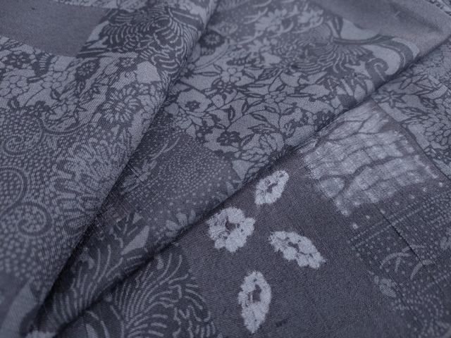 平和屋着物●上質な小紋　紬地　絞り　型染め　花唐草文　ロング丈　正絹　逸品　DAAW5628ud