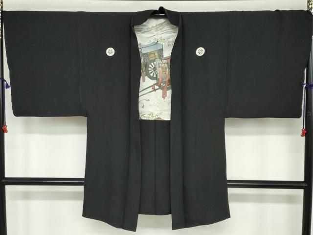 平和屋着物○男性 黒紋付 羽織セット 羽裏・風景御所車 正絹 逸品