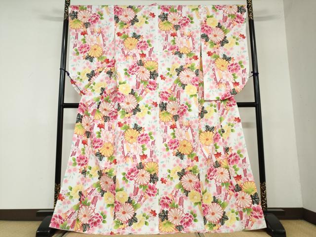 平和屋着物●小振袖　二尺袖　熨斗草花文　金彩　洗える着物　DAAW5692ud