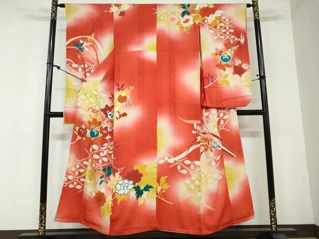 平和屋着物●アンティーク　大正ロマン　振袖　駒刺繍　草花文　暈し染め　金彩　正絹　逸品　DAAW5698ud