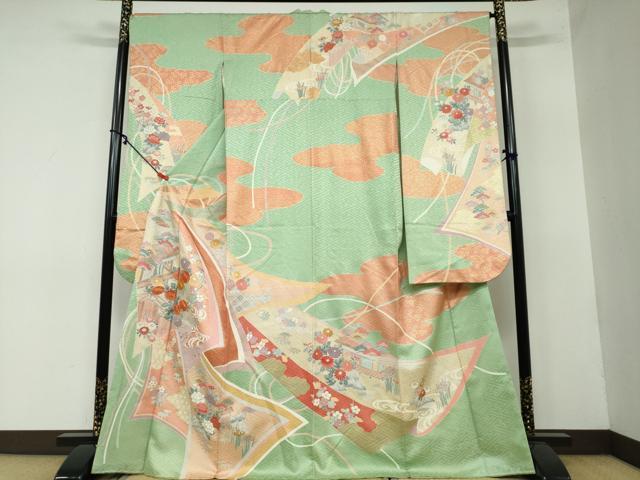 平和屋着物●豪華振袖　駒刺繍　平安草花文　金彩　正絹　逸品　DAAW5741ud