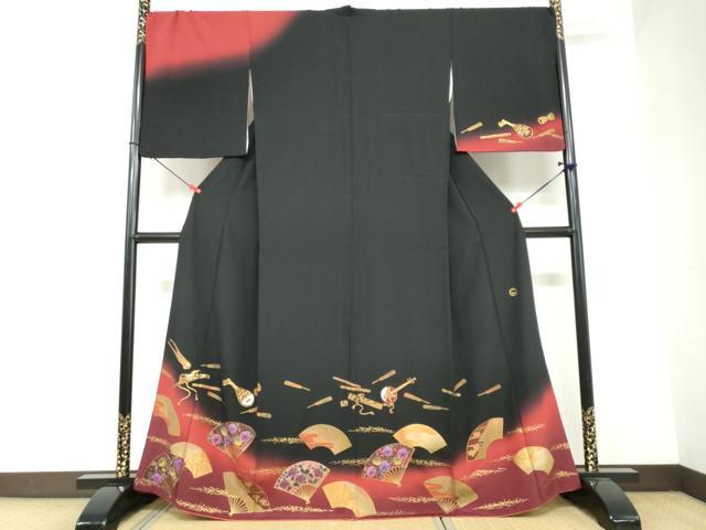 平和屋着物●TOKI志すい キモノモードオリジナルブランド　訪問着　扇面楽器草花文　黒地　暈し染め　金銀彩　正絹　逸品　DAAW5757ud
