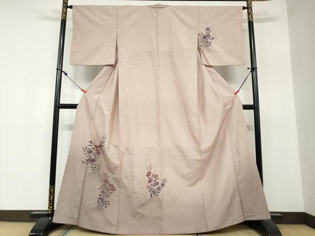 平和屋着物●訪問着　紬地　作家物　手描き　草花文　正絹　逸品　DAAW5857ud