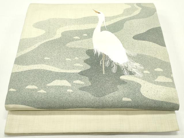 平和屋着物●太鼓柄袋帯　紬地　流水白鷺文　正絹　逸品　DAAW6533ob