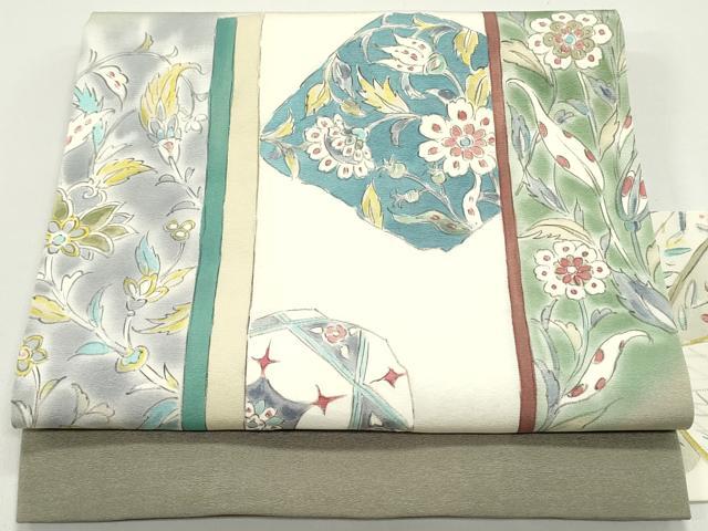 平和屋着物●塩瀬　九寸名古屋帯　手描き　更紗花唐草文　正絹　逸品　DAAW6571ob