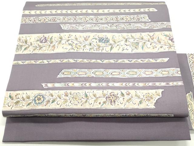 平和屋着物●塩瀬　九寸名古屋帯　七宝更紗花唐草横段文　葡萄鼠色　金彩　正絹　逸品　DAAW6572ob