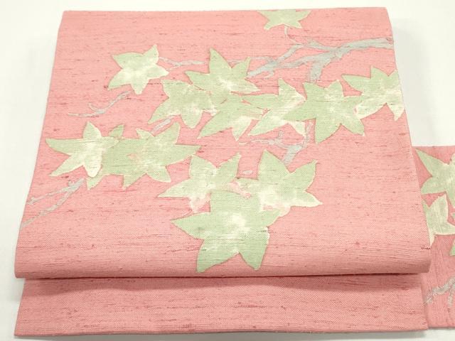 平和屋着物●九寸名古屋帯　紬地　枝葉文　甚三紅色　正絹　逸品　DAAW6604ob