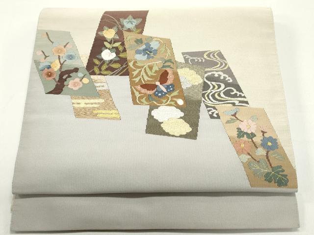 平和屋着物●爪掻き本綴れ　八寸名古屋帯　短冊花鳥流水文　金銀糸　正絹　逸品　DAAW6613ob