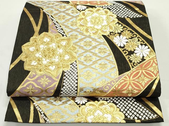 平和屋着物●六通柄袋帯　唐織　鬘帯吉祥正倉院花文　黒地　金糸　正絹　逸品　DAAW6653ob