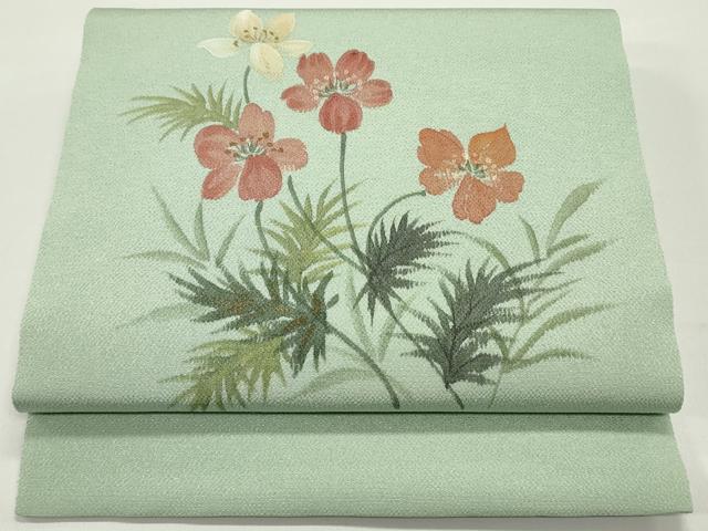 平和屋着物●九寸開き名古屋帯　作家物　手描き　草花文　夏虫色　金彩　鬼しぼ縮緬　正絹　逸品　DAAW6654ob