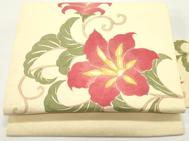 平和屋着物●九寸名古屋帯　手描き　紬地　花唐草文　砥粉色　正絹　逸品　DAAW6658ob