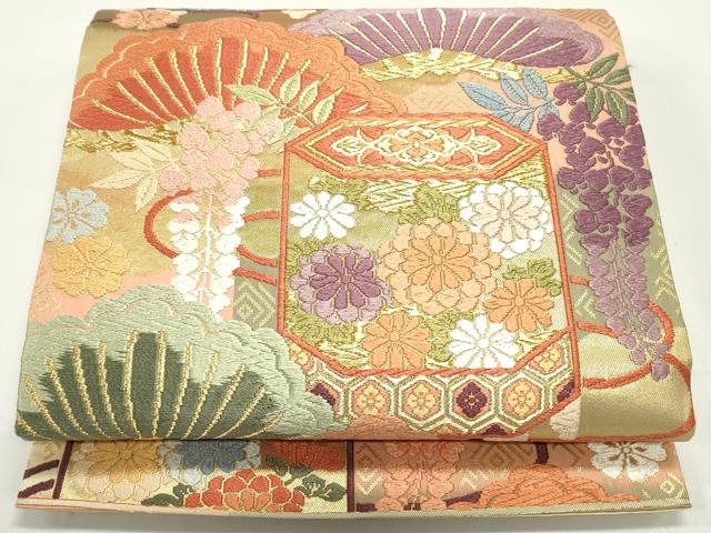 平和屋着物●六通柄袋帯　唐織　枝垂れ藤　吉祥貝桶花松文　金糸　正絹　逸品　DAAW6667ob