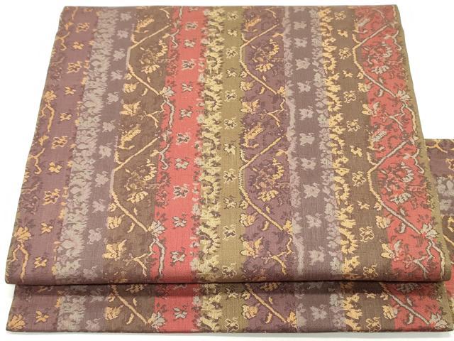 平和屋着物●全通柄九寸名古屋帯　紬地　更紗花唐草間道　正絹　逸品　未使用　DAAW6671ob